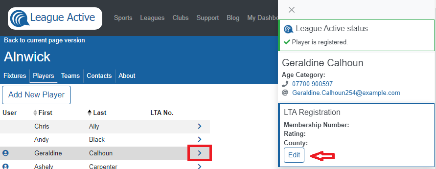 Article: Entering a player's LTA Advantage number - League Active